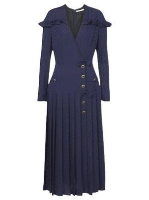 Alessandra Rich Pleated Silk Jacquard Midi Dress With Star Motifs - Blue