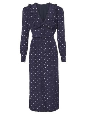 Alessandra Rich Polka Dot Silk Midi Dress With Ruffled Collar - Blue
