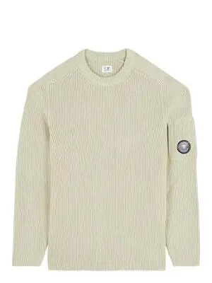 C.P. COMPANY Ribbed Crew Neck Sweater With Lens Detail - Light Brown