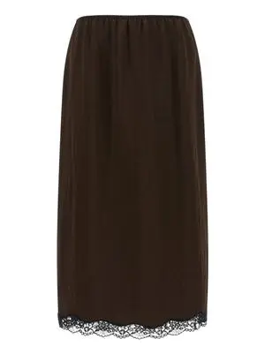 TWINSET Satin Lace Midi Skirt - Dark Brown