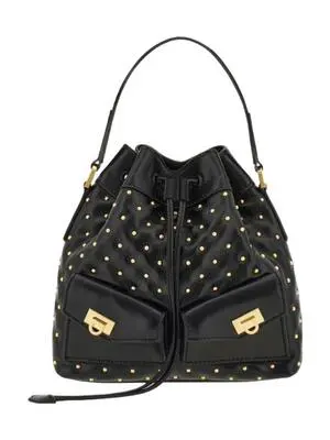 FERRAGAMO Salvatore Ferragamo Studded Multipocket Bucket Bag Black
