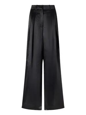 ABADIA Pleated Satin High-waist Wide-leg Pants - Black