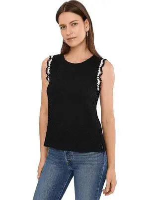 Vince Camuto Sleeveless Crewneck Tank With Scalloped Trim - Black