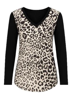 CONQUISTA Long Sleeve Printed Top With Trim Detail - Black