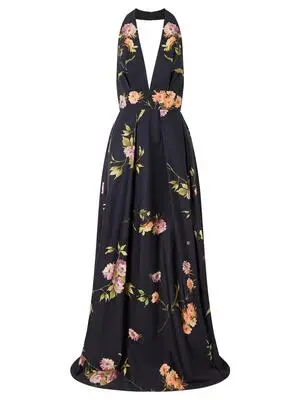 Elie Saab Elie Saab Pleated Floral-Print Cotton-Poplin Halterneck Gown Blue