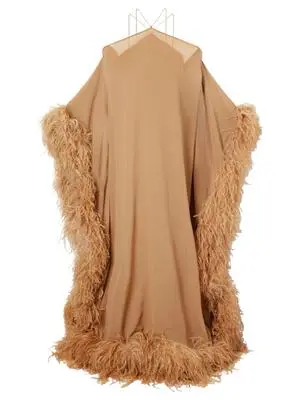 TALLER MARMO Feather-trimmed Silk-chiffon Gown - Camel