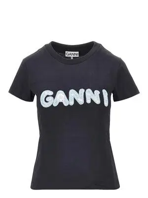 GANNI Cotton T-shirt With Logo Embroidery - Black
