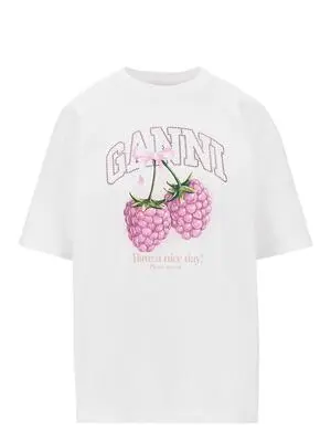 GANNI Cotton T-shirt With Rhinestone Logo And Raspberry Print - White