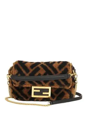Fendi Shearling Macro Ff Mini Baguette Shoulder Bag - Brown