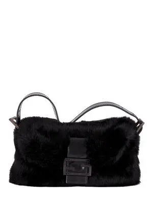 FWRD RENEW Fendi Rabbit Fur Baguette Shoulder Bag - Black