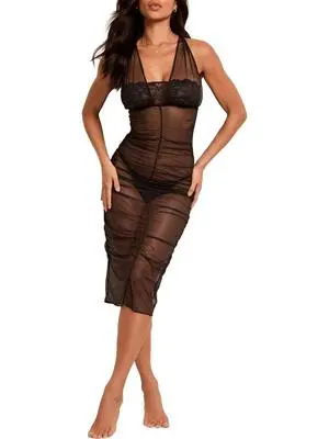 ADORE ME Sheer Lace & Mesh Ruched Midi Slip Dress And G-string Set - Black