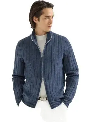 Brunello Cucinelli Ribbed Cashmere Zip-up Cardigan - Denim