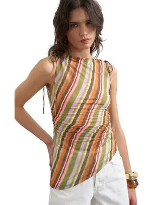 Topshop Striped Ruched Tie Shoulder Asymmetric Hem Top - Orange