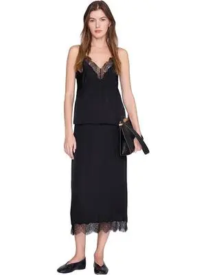 ANINE BING Shelby Satin Midi Skirt With Lace Trim - Black