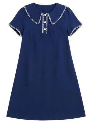 LOUCHE A-line Mini Dress With Blanket Stitch Trim - Blue