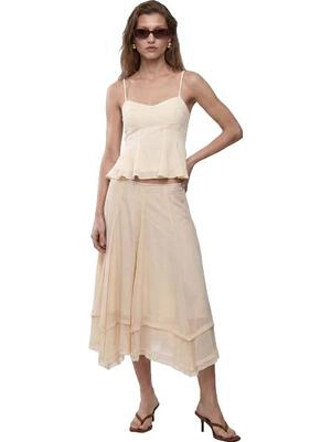 Koton Asymmetric Trim Flowy Layered Midi Skirt - Beige