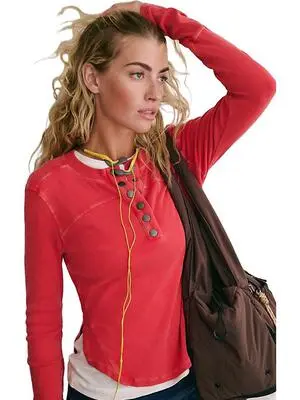 Free People FREE PEOPLE Long Sleeve Henley Top Candy Apple