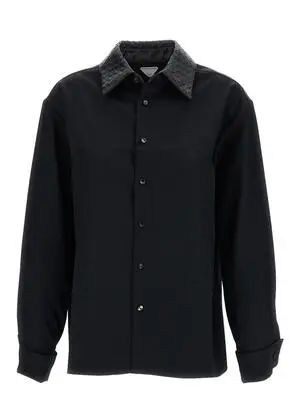 Bottega Veneta Wool Shirt With Intrecciato Leather Collar - Black