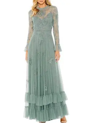 Mac Duggal Beaded Embroidered Tulle Long Sleeve Gown - Spruce