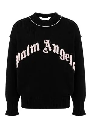 Palm Angels Crew Neck Knit Top With Logo - Black