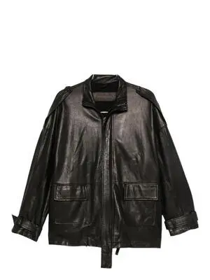 GIORGIO BRATO Long Sleeve Leather Jacket With High Neck - Black