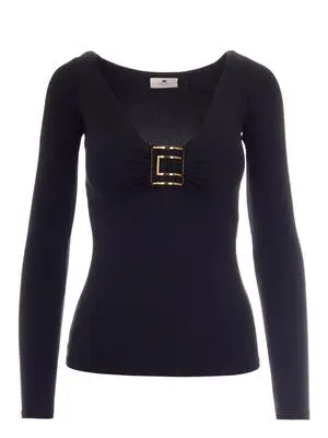Elisabetta Franchi Long Sleeve V-neck Top With Embellishment - Black