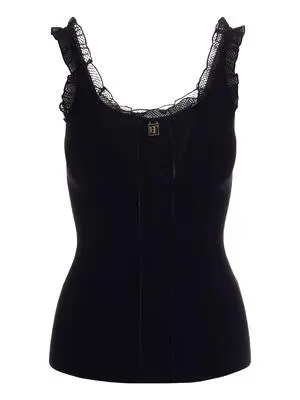 Elisabetta Franchi Logo Plaque Lace-trim Ribbed Top - Black