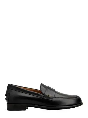 TOD'S Leather Loafers With Metal Logo Detail - Black