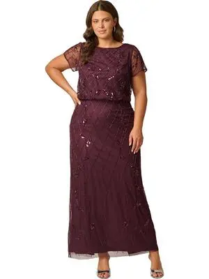 Adrianna Papell Short Sleeve Lattice Floral Beaded Gown - Night Plum