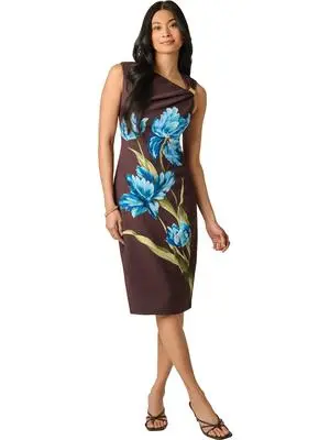 Adrianna Papell Asymmetrical Floral Printed Stretch Crepe Midi Dress - Brown Multi