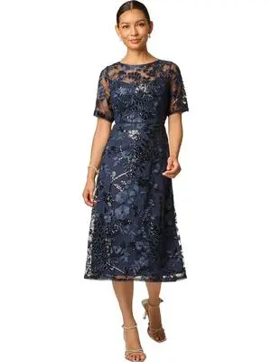 Adrianna Papell Petite Sequin Embroidered Midi Dress - Navy