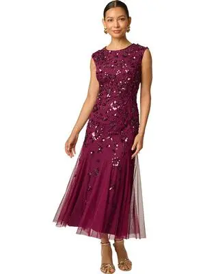 Adrianna Papell Petite Floral Beaded Gown - Bordeaux