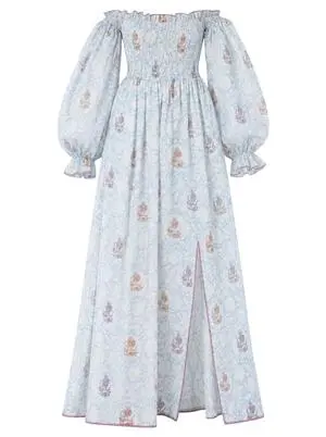 CHARKHA & LOOM Aurora Chanderi Silk Maxi Dress - Blue/white