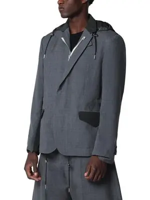 Sacai Hybrid Wool And Nylon Jacket With Drawstring Hood - Grey