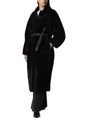 BLANCHA Belted Shearling Coat - Brown