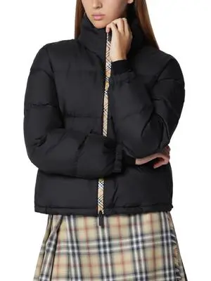 Burberry Zip-up Down Jacket With Check Detail - Black