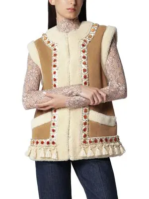 Valentino Garavani Camel Shearling And Suede Vest - Beige