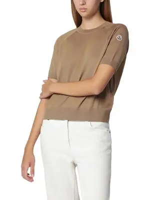 Moncler Virgin Wool Short Sleeve Sweater With Logo Patch - Beige