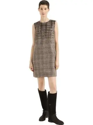 Brunello Cucinelli Checked Alpaca And Wool Mini Dress With Dazzling Degradé Embroidery - Brown