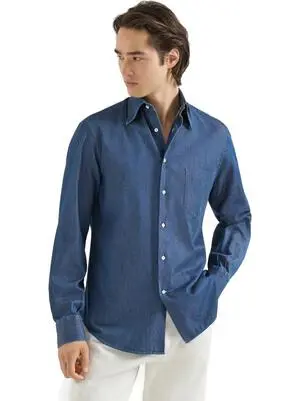 Brunello Cucinelli Lightweight Denim Shirt With Italian Collar And Chest Pocket - Dark Denim