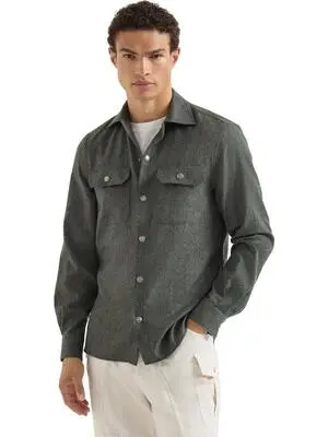 Brunello Cucinelli Virgin Wool Flannel Overshirt With Spread Collar And Chest Pockets - Forest Green