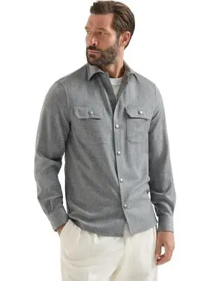 Brunello Cucinelli Virgin Wool Flannel Overshirt With Spread Collar And Chest Pockets - Grey