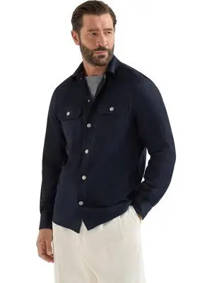 Brunello Cucinelli Virgin Wool Flannel Overshirt With Spread Collar And Chest Pockets - Navy Blue