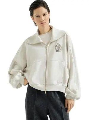 Brunello Cucinelli Cotton Smooth French Terry Zip-up Sweatshirt With Embroidered Logo - Milk