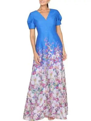 KAY UNGER Floral Print Puff Sleeve Gown