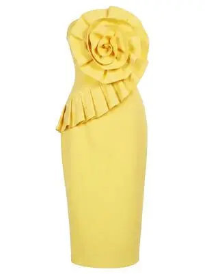 Yumi Kim Strapless Linen Midi Dress With Rose Detail - Yellow