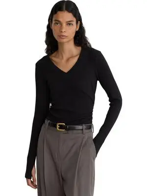 REISS V-neck Long Sleeve Ruched Top - Black
