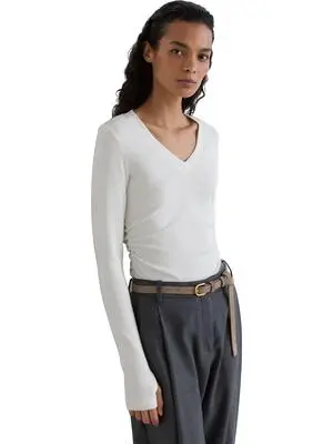 REISS V-neck Long Sleeve Ruched Top - White