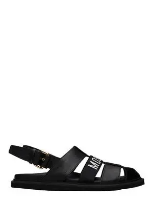 Moschino Open-toe Flat Sandals With Woven Logo Strap And Buckle Closure - Black
