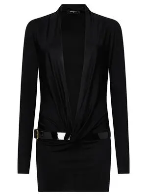 Dsquared2 Long Sleeve Deep Plunge Mini Dress With Belt - Black